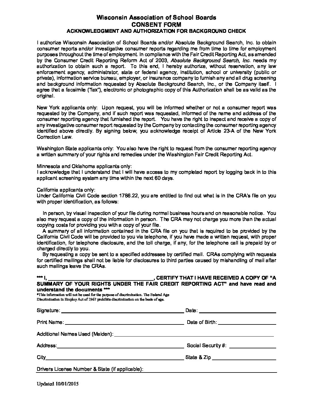 Consent Form Wisconsin Association Of School Boards - Wisconsin ...