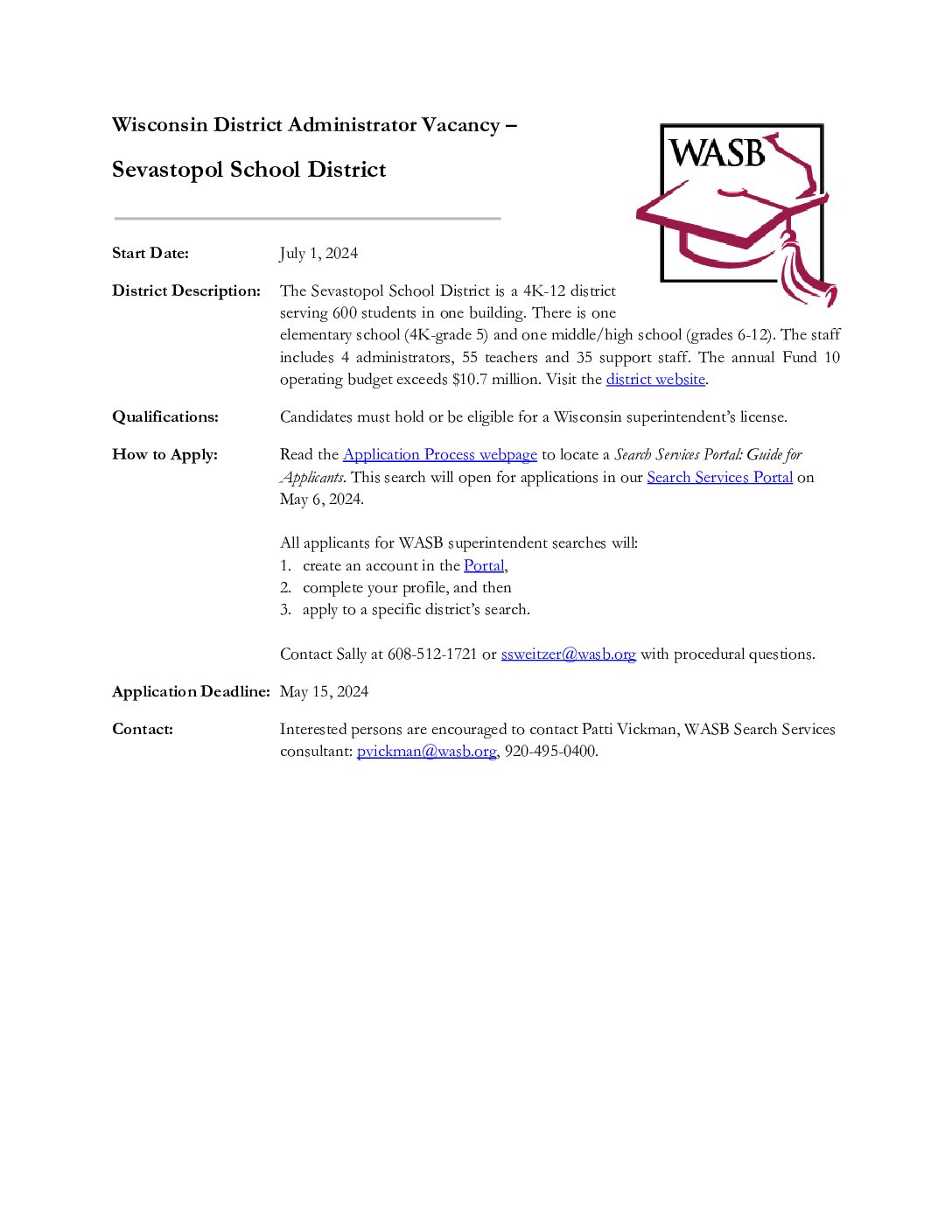 Sevastopol WI Vacancy Notice 2024 | Wisconsin Association of School Boards