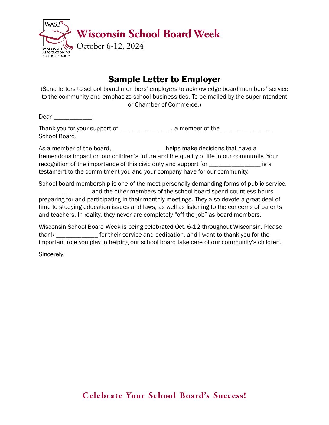 2024 WASB School Board Recognition Kit Letter To Employer | Wisconsin ...