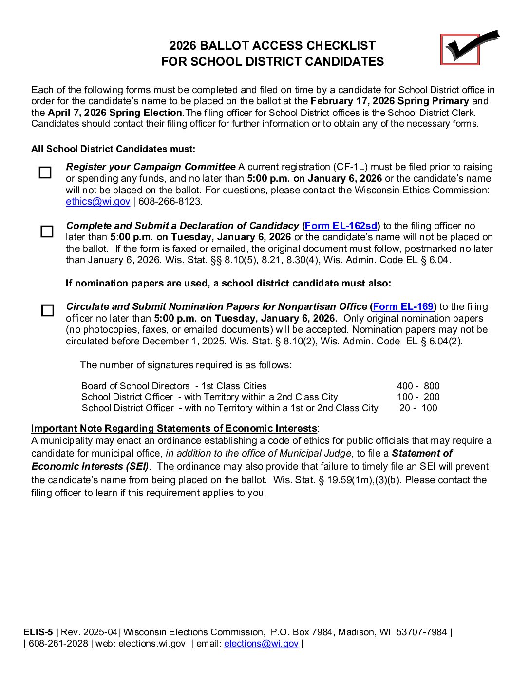 ELIS 5 Ballot Access Checklist Spring 2026 School District Offices (Rev. 2025 05) | Wisconsin ...
